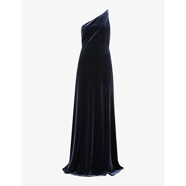 Jenny Yoo Cybill One-Shoulder Stretch-Velvet Gown 12 French Blue