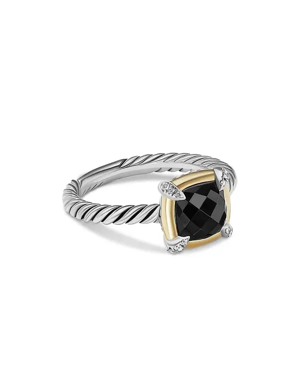 David Yurman 18k Yellow Gold & Sterling Silver Petite Chatelaine Onyx & Diamond Bezel Ring - Black/silver