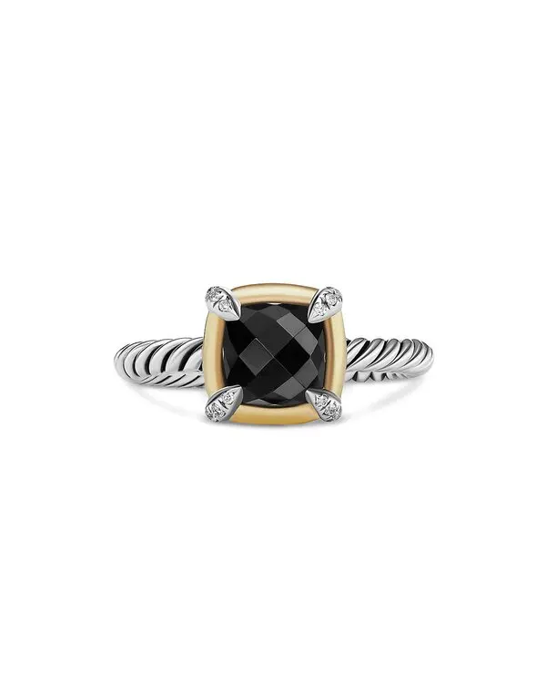 David Yurman 18k Yellow Gold & Sterling Silver Petite Chatelaine Onyx & Diamond Bezel Ring