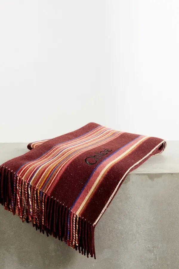 Chloé Fringed Striped Cashmere And Silk-blend Blanket - Burgundy