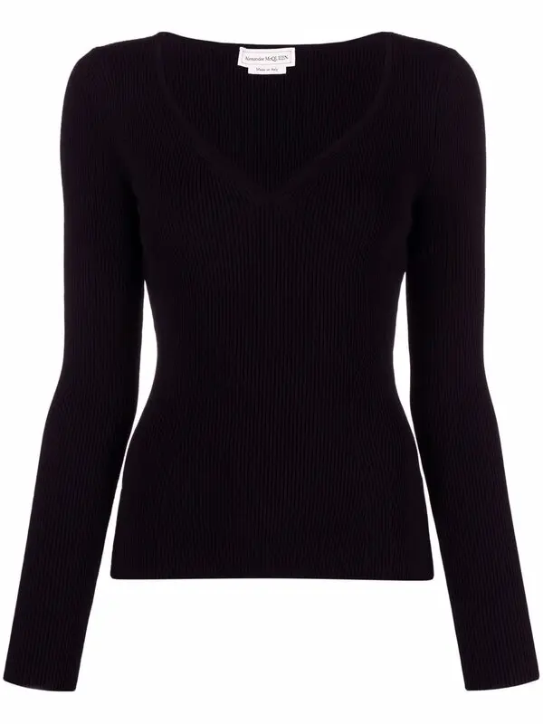 Alexander McQueen V-neck Ribbed Knit Long Sleeve Top - Black