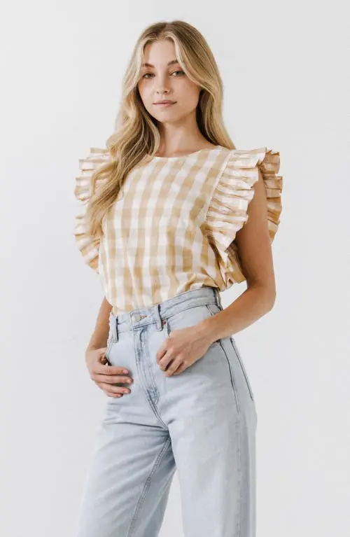 English Factory Gingham Ruffle Sleeve Top