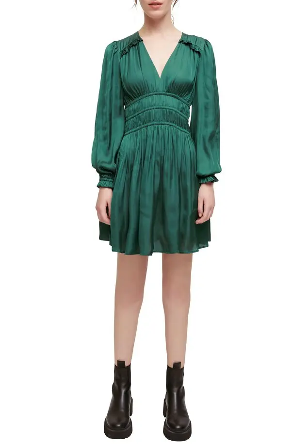 Maje Rianna Smock Waist Long Sleeve Satin Dress - Dark Green | Editorialist