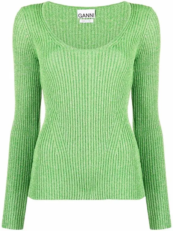 Ganni Glitter-Detail Rib-Knit Top In Green - 55% Off | Editorialist