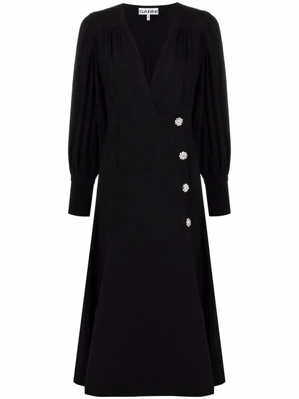 GANNI V-neck Wrap Midi Dress With Balloon Sleeves And Button Detailing - Black