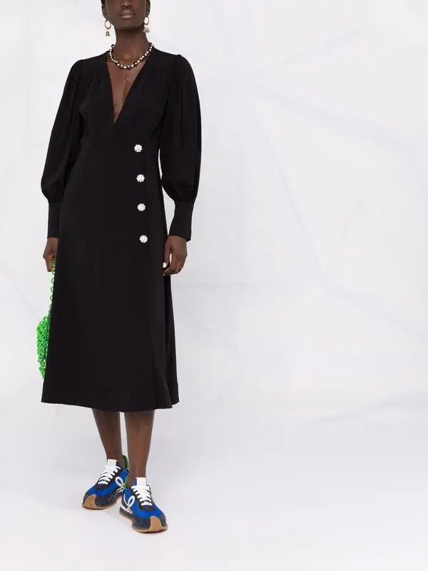 GANNI V-neck Wrap Midi Dress With Balloon Sleeves And Button Detailing
