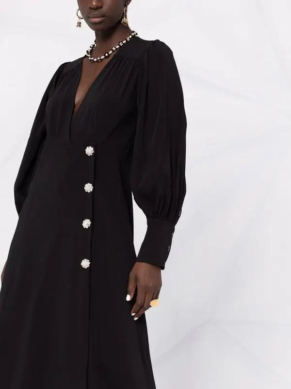 GANNI V-neck Wrap Midi Dress With Balloon Sleeves And Button Detailing