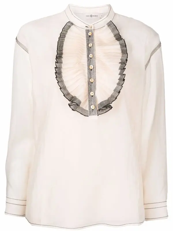 Tory Burch Ruffle-trim Long-sleeved Blouse - Neutrals