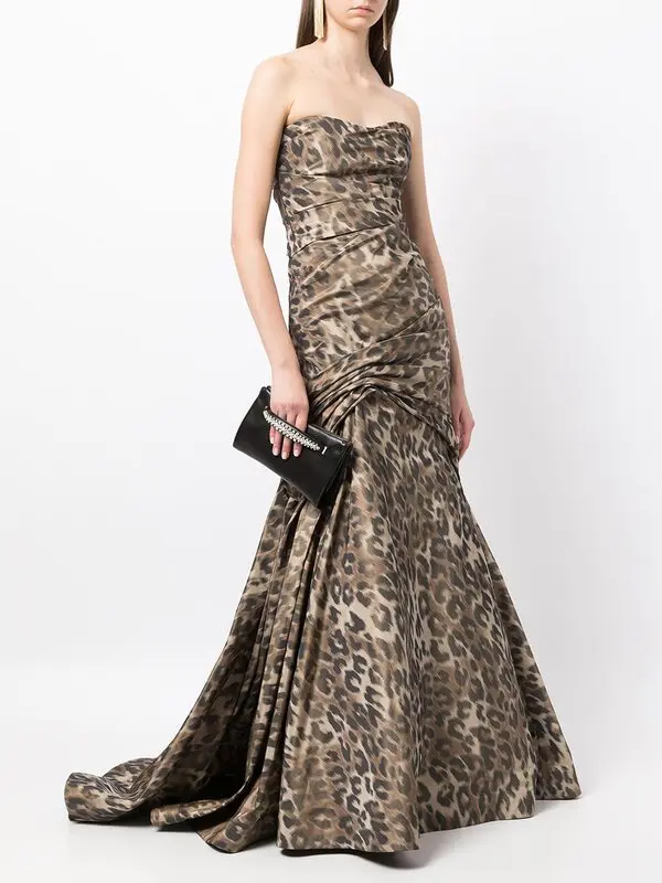 Monique Lhuillier Leopard Print Cold-shoulder Gown