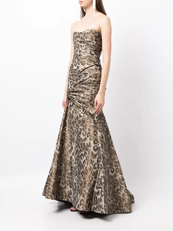 Monique Lhuillier Leopard Print Cold-shoulder Gown