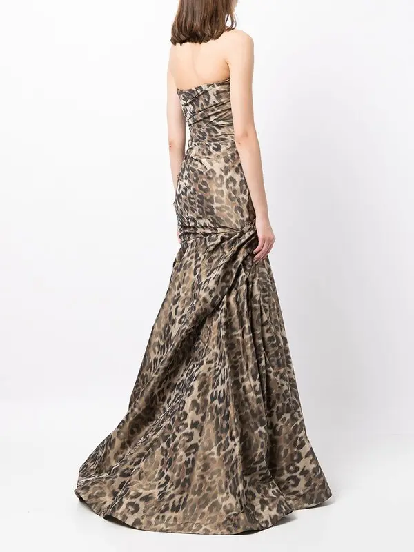 Monique Lhuillier Leopard Print Cold-shoulder Gown
