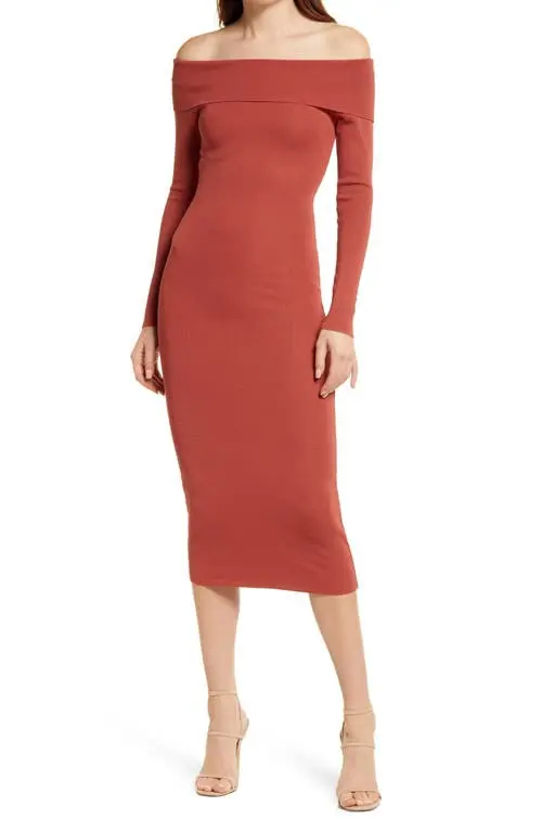 Bardot Off The Shoulder Long Sleeve Midi Dress
