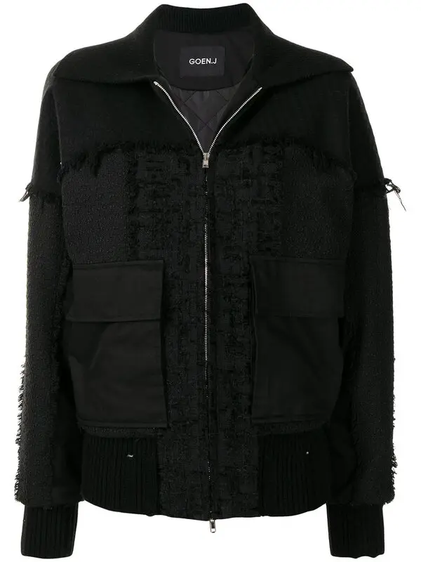 Goen.j Frayed Tweed Patchwork Bomber Jacket - Black