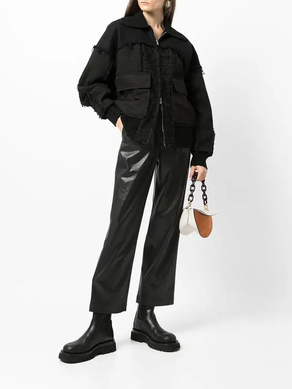 Goen.j Frayed Tweed Patchwork Bomber Jacket - Black