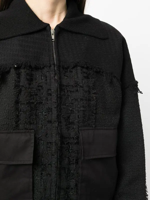 Goen.j Frayed Tweed Patchwork Bomber Jacket - Black