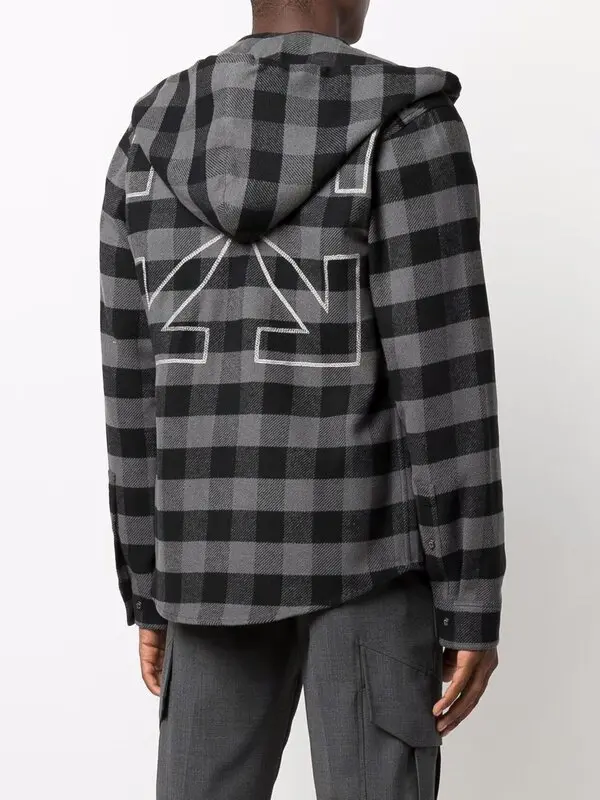 Off-White Arrows-print Check Hoodie Shirt - Grey