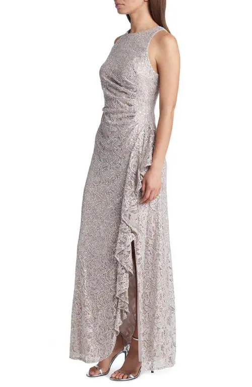 Alex Evenings Ruffle Sequin Lace Gown - Buff