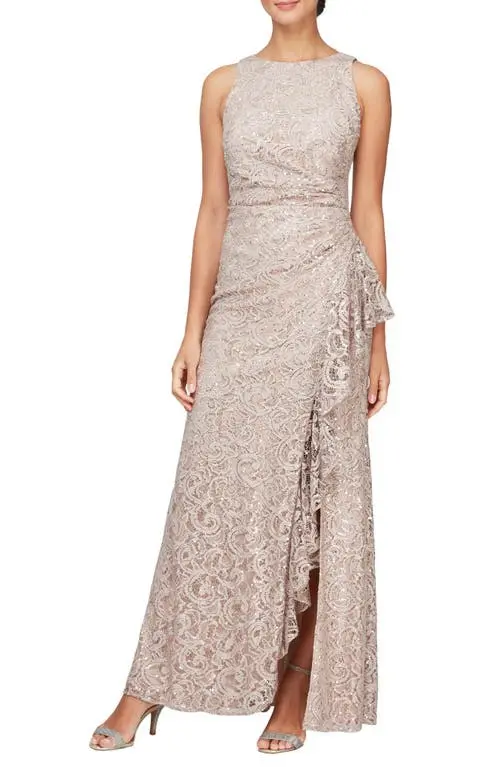 Alex Evenings Ruffle Sequin Lace Gown - Buff