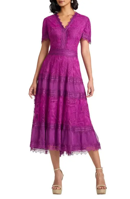Tadashi Shoji Lace & Mesh Midi A-line Dress - Magenta