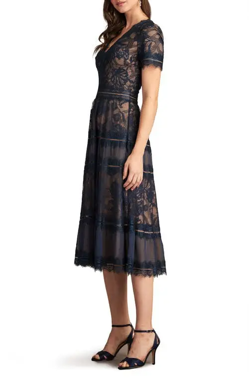Tadashi Shoji Lace & Mesh Midi A-Line Dress - Navy/Nude | Editorialist