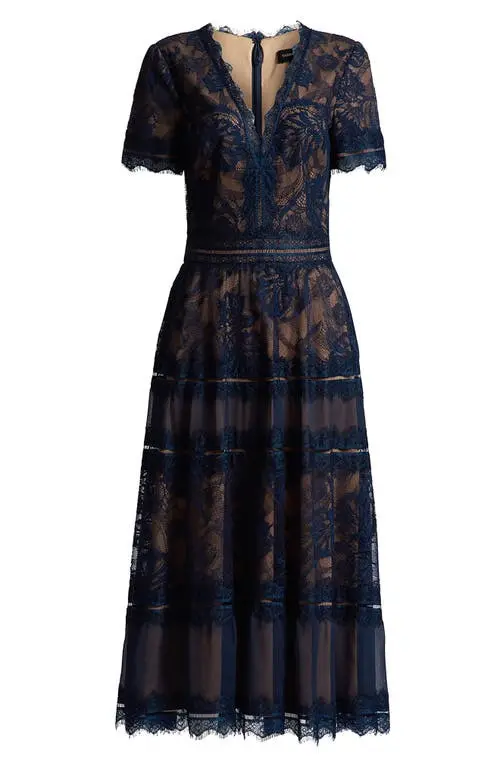 knee length dresses for ladies La Femme - 29959 Short Sleeve Simple Pretty Midi Dress 8 / Navy main image 0