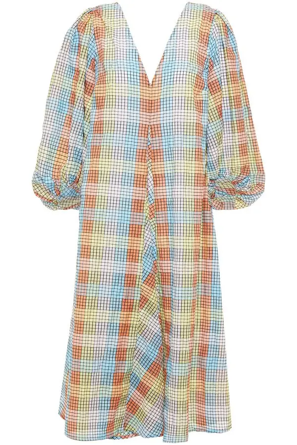Ganni Gathered Gingham Cotton-Blend Seersucker Dress In Multicolor - 50%  Off | Editorialist