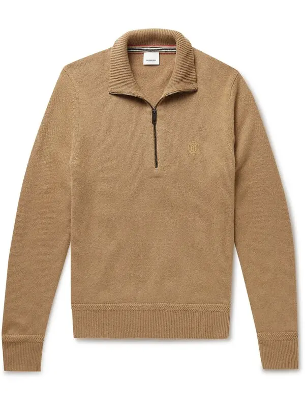 Burberry Logo-Embroidered Cashmere Half-Zip Sweater In Brown - 50