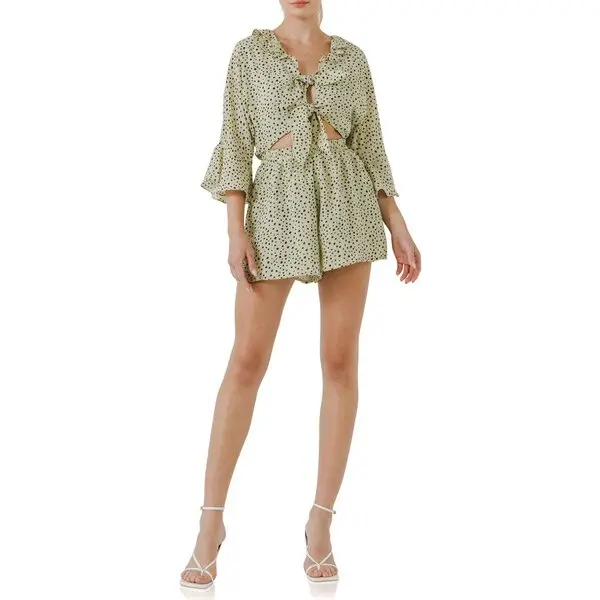 FREE THE ROSES Polka Dot Ruffle Sleeve Romper - Pistachio