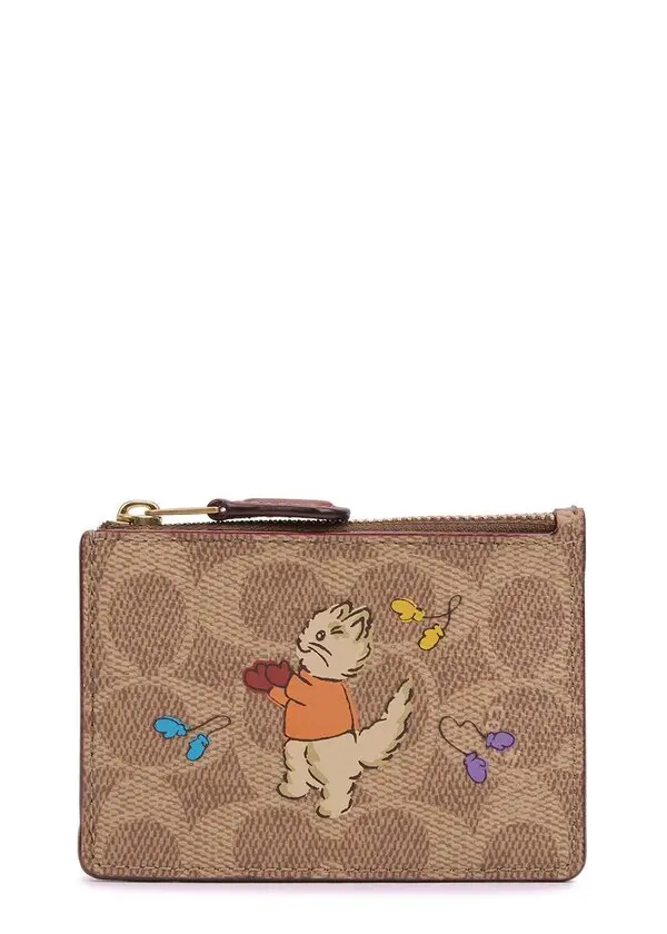 Coach Cat-Print Monogrammed Leather Coin Purse Tan Editorialist