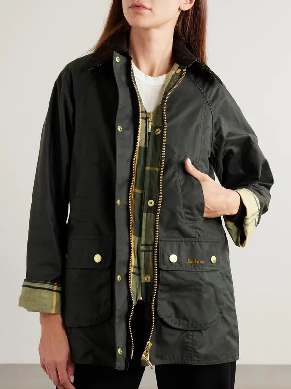 Barbour Beadnell Corduroy-trimmed Waxed-cotton Jacket - Green