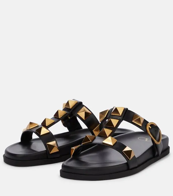 Valentino Garavani Roman Stud Leather Slides - Black
