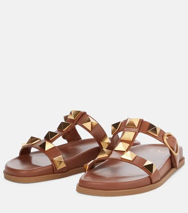 Valentino Garavani Roman Stud Leather Slides - Brown