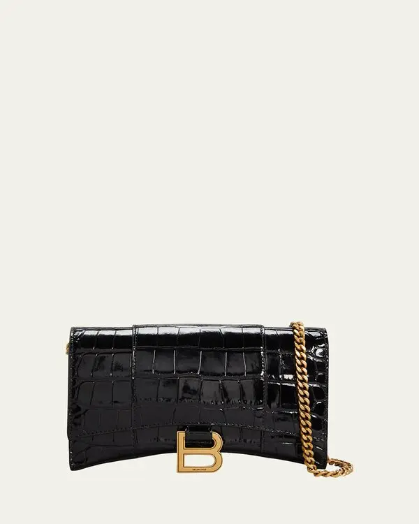 Balenciaga Hourglass Shiny Mock-croc Chain Wallet - Black