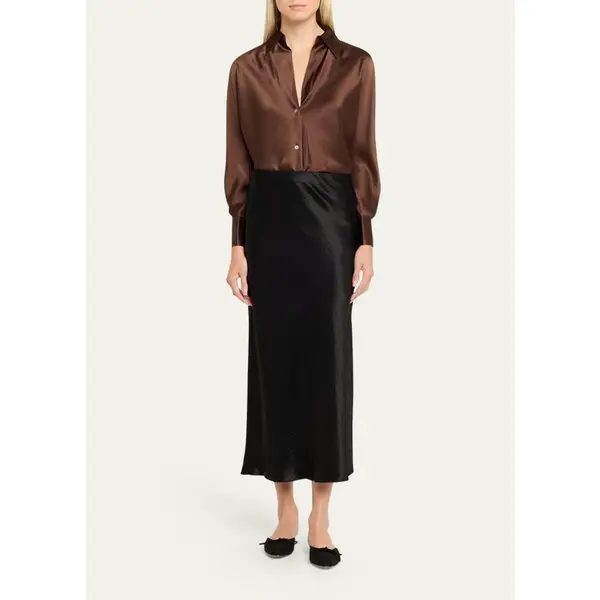 Vince Side-slit Satin Slip Midi Skirt - Black