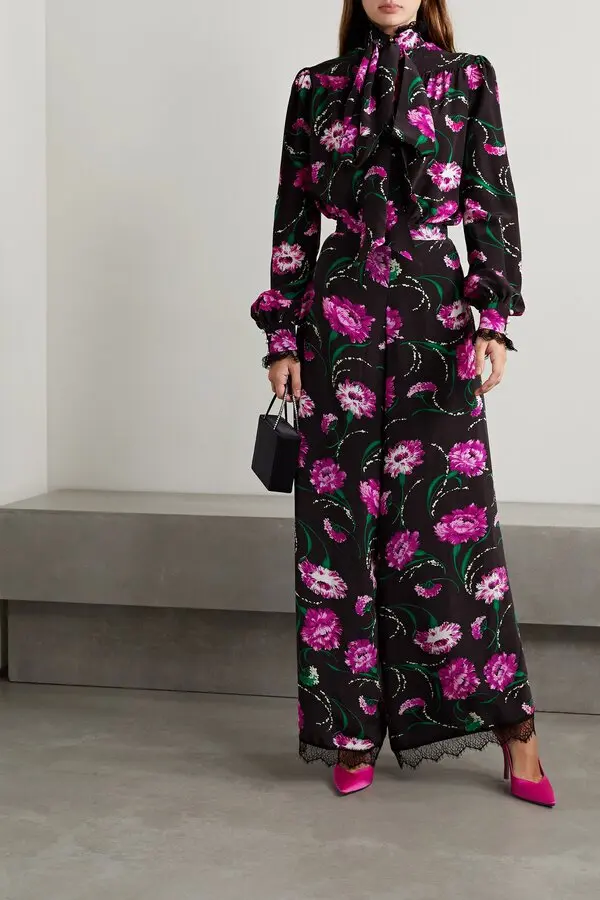 RODARTE Lace-trimmed Floral-print Silk Crepe De Chine Wide-leg Pants - Black