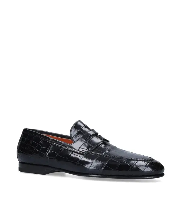 Santoni Crocodile Penny Loafers - Black