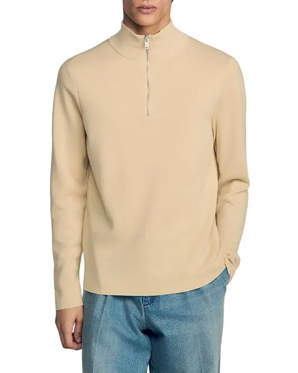 Sandro Wool Half Zip Sweater - Dark Beige