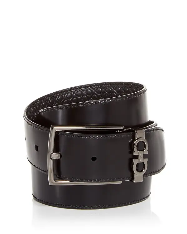 FERRAGAMO Gancini Embossed Reversible Leather Belt - Black