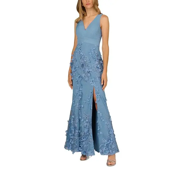 aidan mattox light blue dress Floral Applique Mermaid Gown - Dusty Buckled self belt at Bottom Size:40x34 Warm Weather Dress Maxi dress Sleeveless Midi Lyra Dress