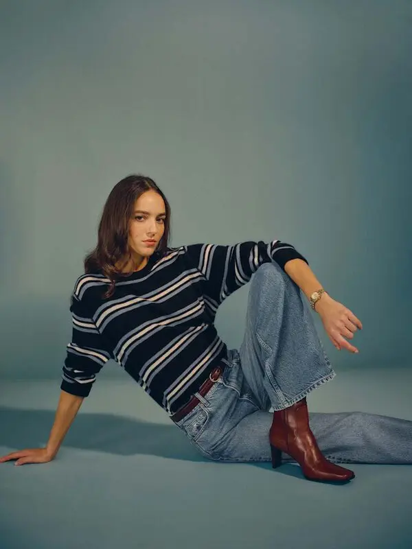 REFORMATION Cashmere Boyfriend Pullover Sweater - Navy Multi Stripe