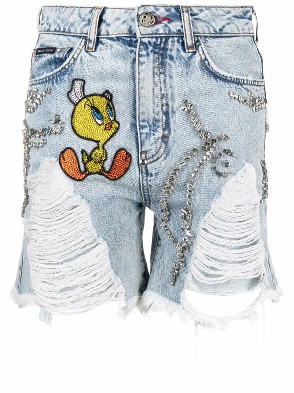 Philipp Plein Looney Tunes-embellished Denim Shorts - Blue