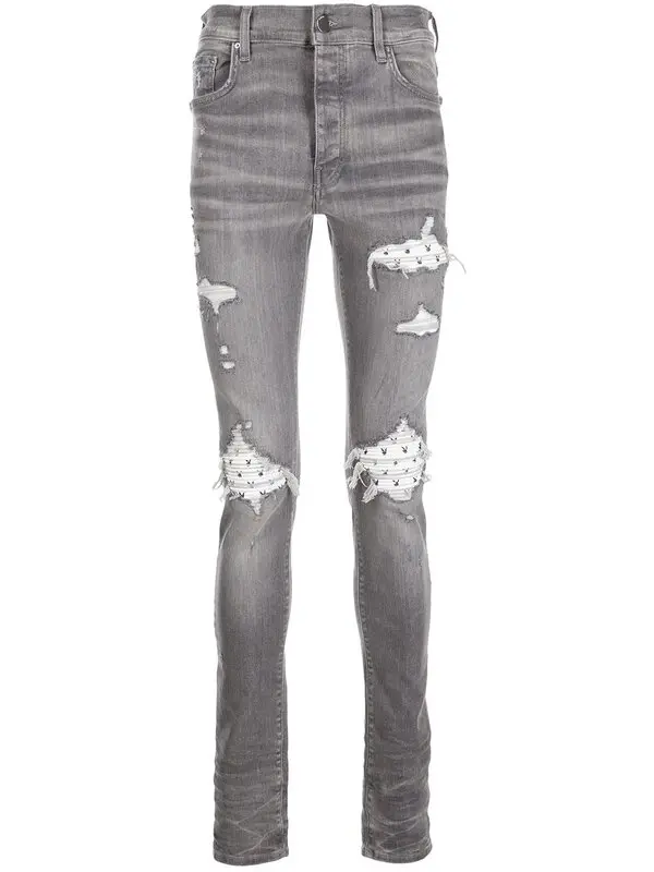 Amiri X Playboy Ripped-Effect Skinny Jeans - Grey | Editorialist