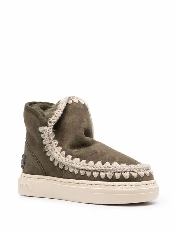 Mou Crochet Stitch-trim Boots - Green