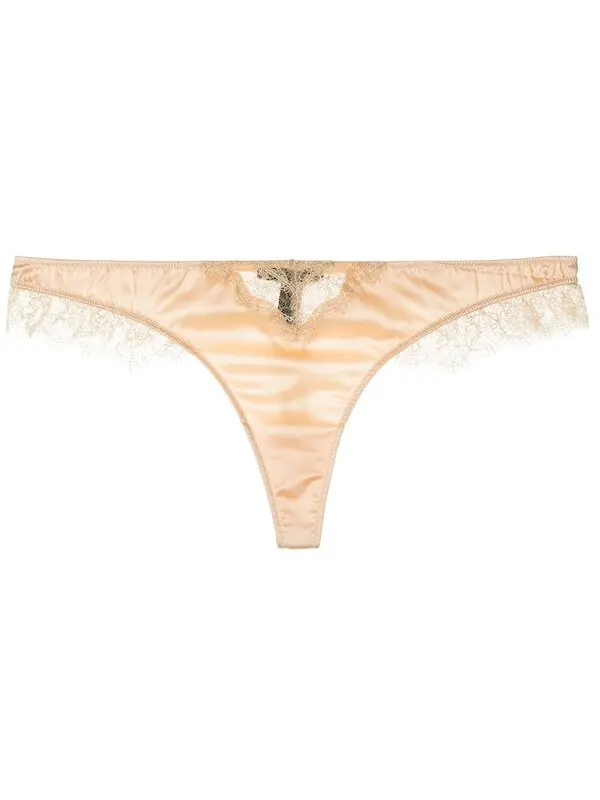 Kiki De Montparnasse Lace Inset Silk Charmeuse Thong - Neutrals