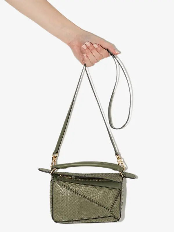 Loewe Mini Puzzle Snakeskin-Effect Bag - Green | Editorialist