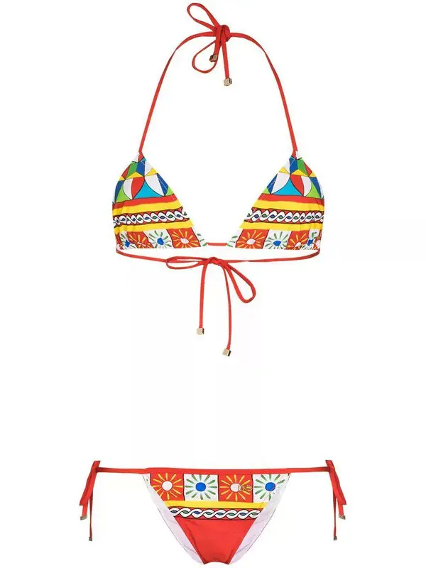 Dolce & Gabbana Carretto-print Triangle Bikini - Red