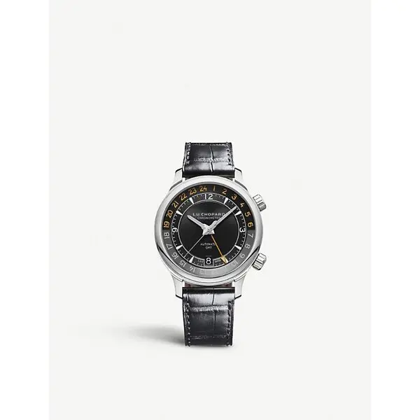 Chopard L.u.c Gmt One Stainless Steel And Alligator-embossed Leather Watch - Black And Silver
