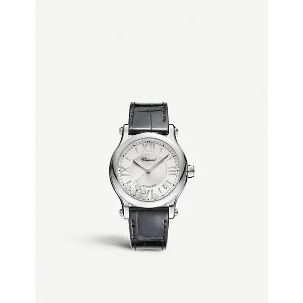 Chopard Happy Sport Medium Diamond And Croc-embossed Leather Watch - Silver And Black