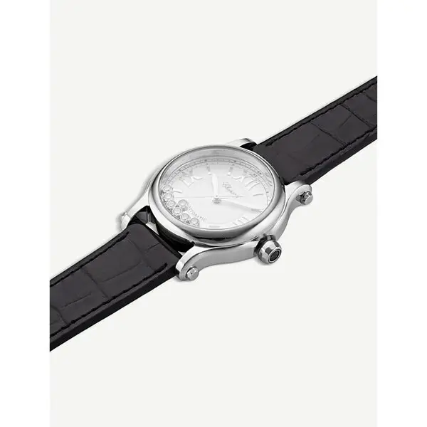 Chopard Happy Sport Medium Diamond And Croc-embossed Leather Watch - Silver And Black