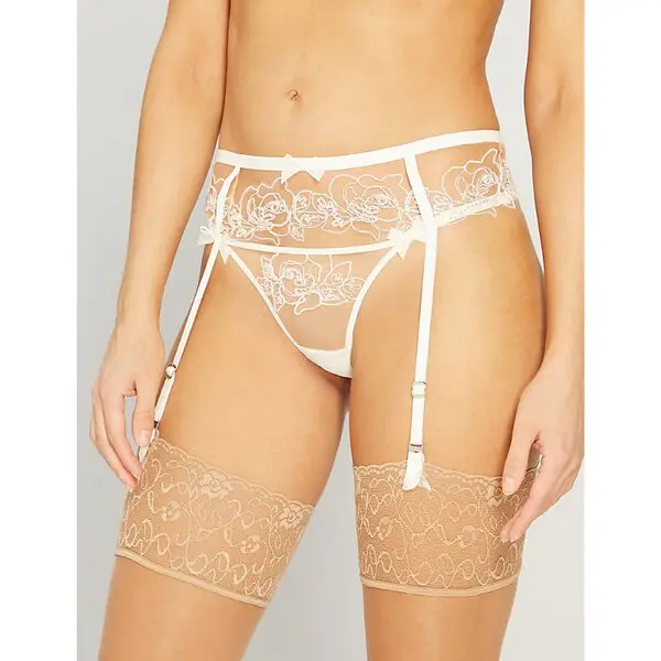 Agent Provocateur Lindie Floral Mesh Suspender Belt - Ivory Nude